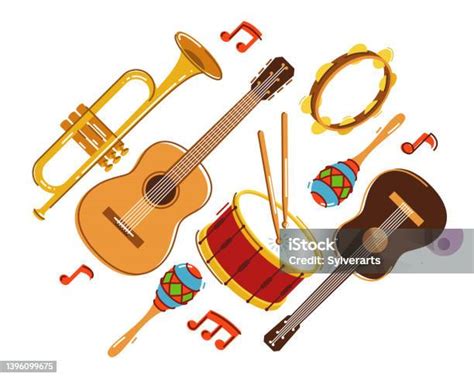 어쿠스틱 뮤직 악기 구성 벡터 평면 일러스트 는 흰색 록 발라드 콘서트 또는 축제 라이브 사운드 페스트 록 뮤지컬 밴드에 고립 Classical Concert에 대한 스톡