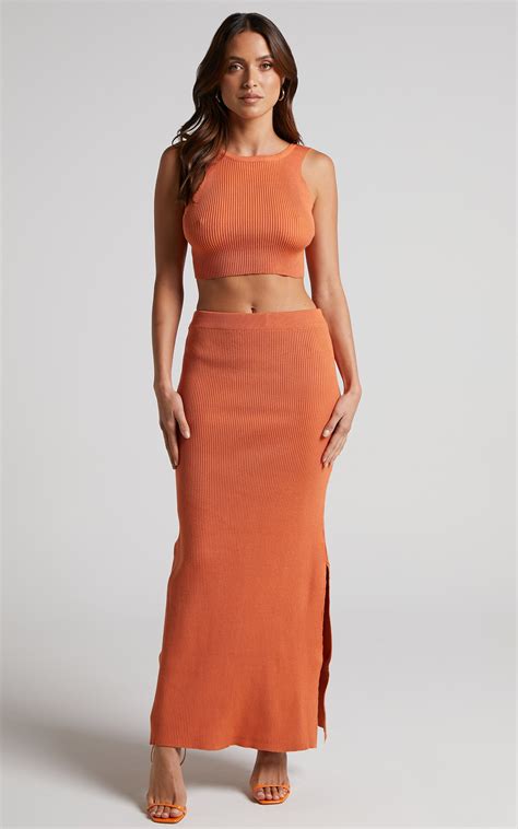 Amara Two Piece Set Ribbed Tie Back Crop Top And Maxi Skirt In Orange