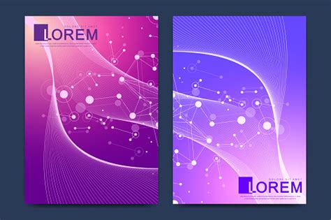 브로셔 전단지 전단지 표지 배너 카탈로그 잡지 또는 A4 크기의 연례 보고서에 대 한 최신 벡터 템플릿입니다 Dna 나선 Dna 가닥 분자 또는 원자 뉴런 웨이브 흐름 라인