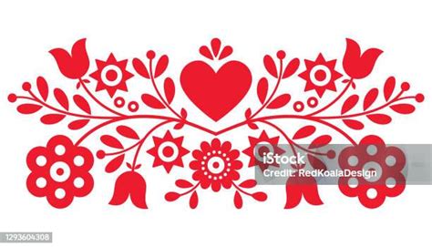 발렌타인 데이 인사말 카드 또는 결혼식 초대에 완벽한 꽃과 마음을 가진 폴란드 복고풍 민속 예술 벡터 디자인 꽃 식물에 대한