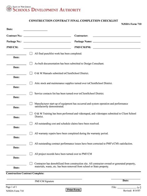 710 Construction Contract Final Completion Checklist Fill Out And Sign