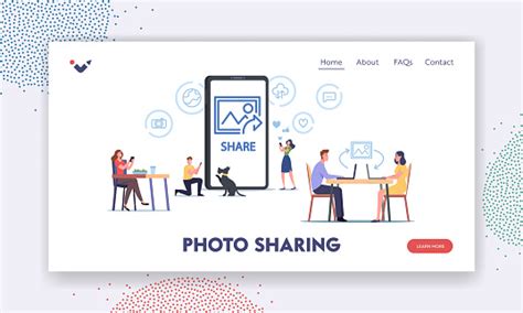 사진 공유 방문 페이지 템플릿 소셜 네트워크를 탐색하는 문자입니다 게시물을 만들고 행복한 순간을 공유하는 사람들 Brand Name Smart Phone에 대한 스톡 벡터