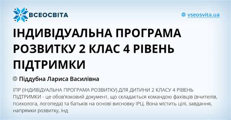 ІНДИВІДУАЛЬНА ПРОГРАМА РОЗВИТКУ 2 КЛАС 4 РІВЕНЬ ПІДТРИМКИ Інші методичні матеріали Різне