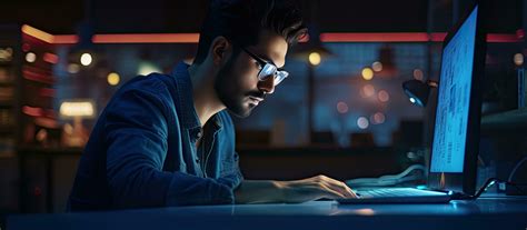Middle Eastern Man With Glasses Using Computer In Illuminated Booth