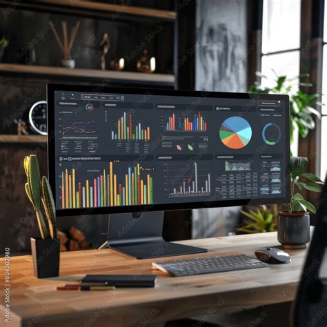 A Digital Workspace With A Monitor Displaying Diverse Analytics Dashboards Visualizations
