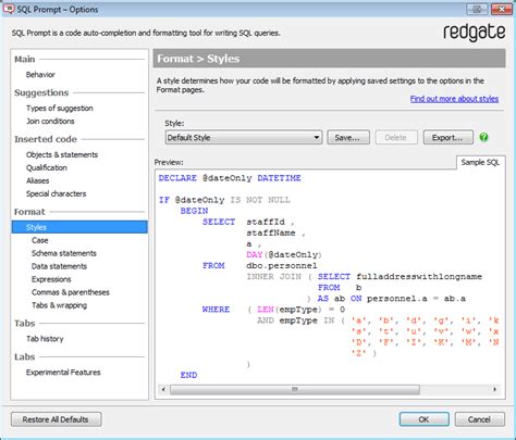 Using Styles To Format Your Code Sql Prompt 6 Product Documentation