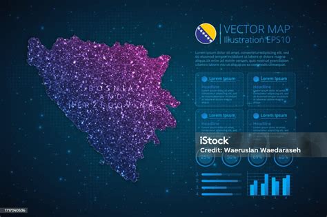 보스니아 헤르체고비나 지도 인포그래픽 템플릿은 다이어그램 그래프 프리젠테이션 및 차트에 파란색 배경에 추상적인 기하학적 메쉬