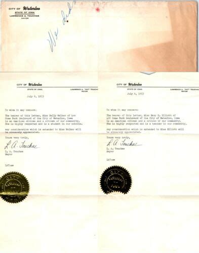 1953 City Of Waterloo Iowa City X2 Endorsements Mayor Touchae