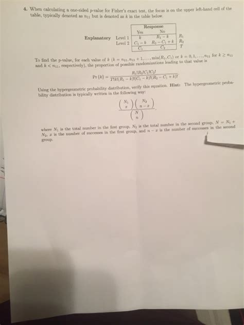 Solved When Calculating A One Sided P Value For Fisher S Chegg