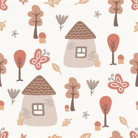 귀여운 집 나무와 풍경 요소와 스칸디나비아 원활한 패턴 손으로 그린 벡터 일러스트 레이 션 프리미엄 벡터