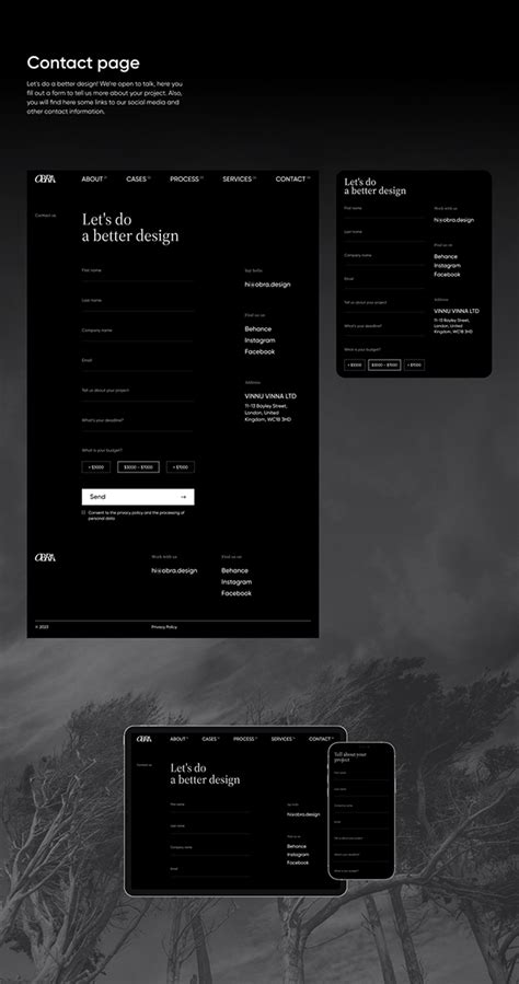image contain contact page designs with request form and contacts email socials and adress