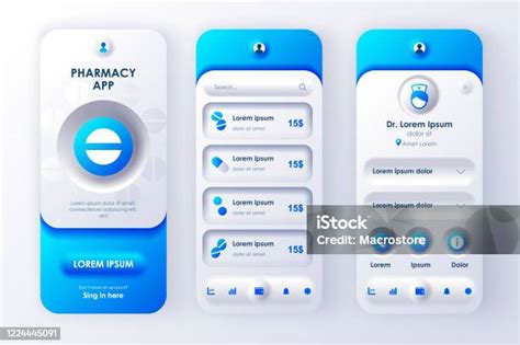 모바일 앱 신형성 스타일을위한 온라인 약국 독특한 신형태 디자인 키트 약이있는 인터넷 약국 화면 약국 저장소 Ui Ux 템플릿 집합입니다 가격에 대한 스톡 벡터 아트 및