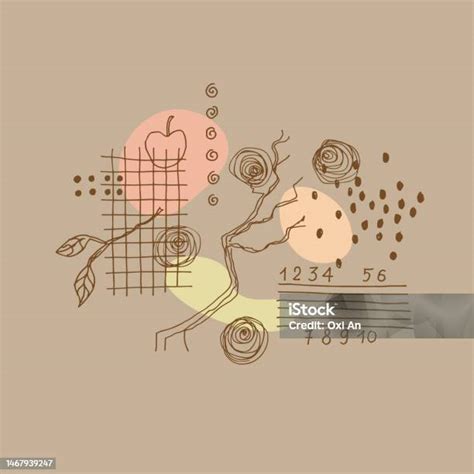 추상 라인 아트 식물 선 새장 숫자 점 반점이있는 낙서 구성 건강한 생활 방식 시간 자연 스러움 마음 챙김 느린 삶 벡터 그림 개념에 대한 스톡 벡터 아트 및 기타 이미지