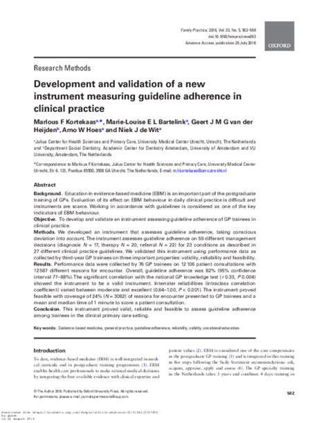 Pdf Development And Validation Of A New Instrument Measuring Guideline Adherence In Clinical
