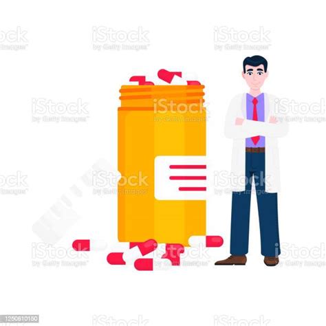 알 약 개념 또는 의료 알림 평면 스타일 디자인 벡터 일러스트 를 남자 의사와 알 약 병 흰색 배경에 격리 건강 관리 약속