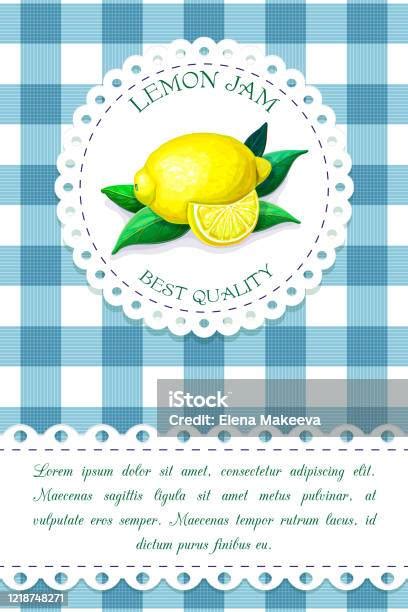 제품 패키지 디자인에 대한 복고풍 컨트리 스타일의 체크 배경에 육즙 잘 익은 레몬 라벨 감귤류와 벡터 파란색과 흰색 격자 무늬 배경 유기농 식품 주스 잼 배지 템플릿 라벨에