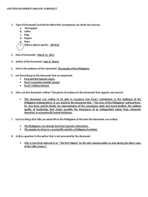 Written Document Analysis Worksheet Pdf