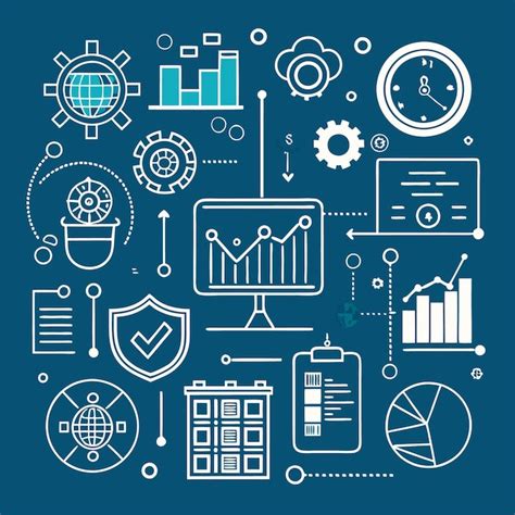 Data Analysis Concept With Monitor Showing Graph Clock Check Mark Buildings Globe And More