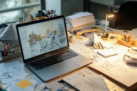 A Laptop Shows Design Sketches Placed Among Sketches Stationery And Tools In A Bright