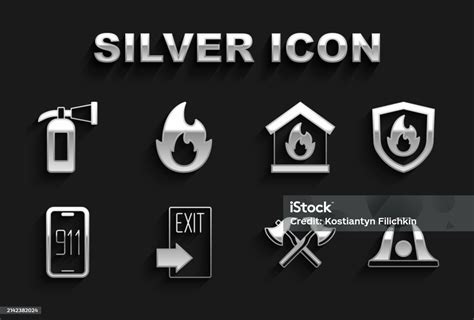 비상구 보호 방패 소방관 헬멧 도끼 모바일 비상 전화 911 불타는 집 소화기 및 화염 아이콘을 설정합니다 벡터 건축하기에 대한 스톡 벡터 아트 및 기타 이미지 Istock