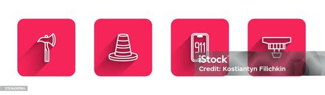 라인 소방관 도끼 교통 원뿔 모바일 비상 전화 911 및 긴 그림자가 있는 연기 경보 시스템을 설정합니다 빨간색 사각형 버튼입니다 벡터 Brand Name Smart