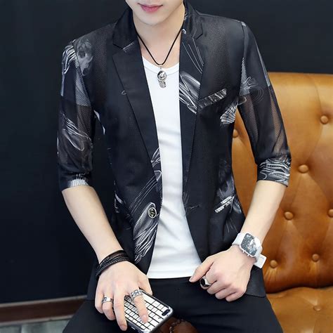 남성용 얇은 블레이저 캐주얼 슬림 정장 재킷 패션 프린트 웨딩 비즈니스 소셜 슬림 드레스 코트 스트리트 웨어 남성 의류 여름 Aliexpress