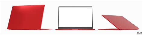 빨간 노트북의 3d 이미지 흰색 배경에 고립 된 다른 각도에서 앞면과 뒷면보기 빈 화면 디스플레이가 있는 사실적인 노트북 빨간색 모형 3d 벡터 일러스트 레이 션 3차원