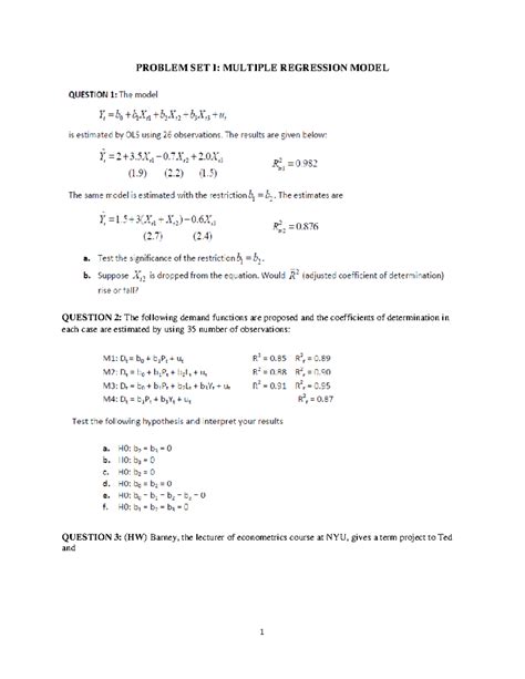 Problem Set 1 Mul Regression Problem Set I Multiple Regression Model Question 2 The