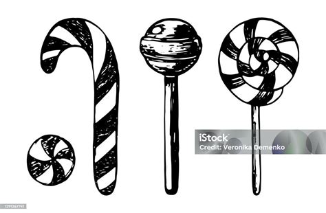 사탕 스케치 컬렉션 손으로 그린 선 아트 요소 세트 흑백 사탕 캐러멜 롤리팝 둥근 방울 벡터 일러스트레이션 0명에 대한 스톡 벡터 아트 및 기타 이미지 Istock