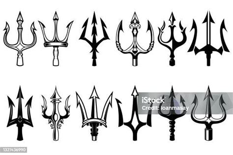 트라이던트의 일러스트레이션 세트 해왕성 삼지창 레이블 기호 포스터용 디자인 요소입니다 벡터 일러스트레이션 삼지창 창에 대한