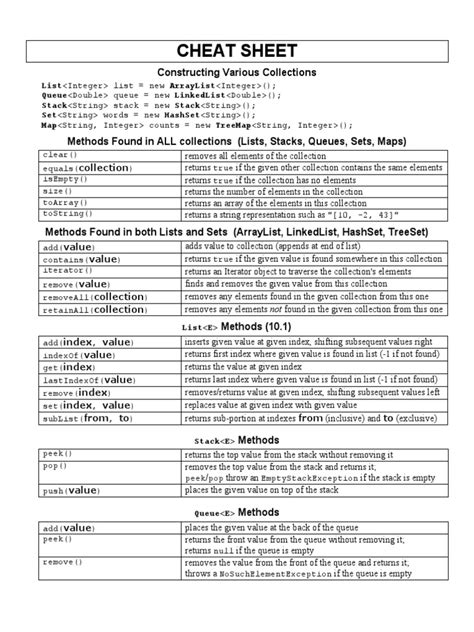 cheat sheet constructing various collections pdf queue abstract data type string