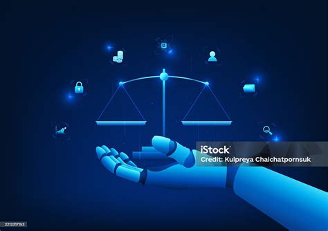 Legaltech Ai와 현대 법률의 통합을 상징하는 정의의 저울을 들고 있는 로봇 손은 현대 정의의 상징인 인권을 생각하고 판단하고 보호하는 데 도움을 줍니다 개념에 대한
