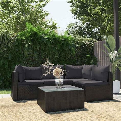 5 Piece Garden Lounge Set With Cushions Poly Rattan Black Vidaxl Big W