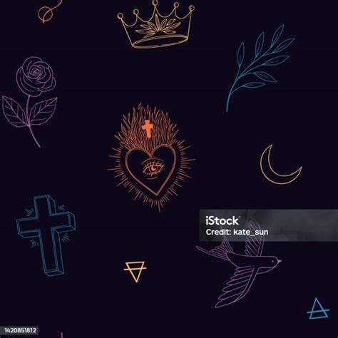 선형 연금술 이음새가 없는 패턴 빈티지 하트 십자가 장미 공간 및 식물 요소 마법과 오컬트 일러스트레이션 올드 스쿨 문신 스타일 패키지 직물 배경에 적합 일러스트레이션에