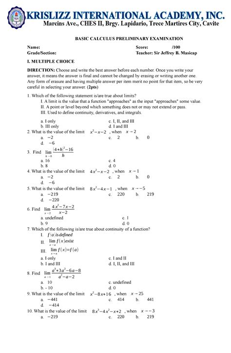 Preliminary Examination In Basic Calculus Basic Calculus Preliminary
