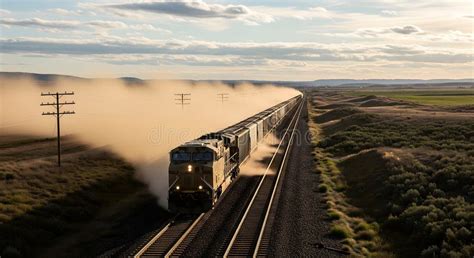 Long Freight Train Speeding Through Rural Landscape At Sunset Stock