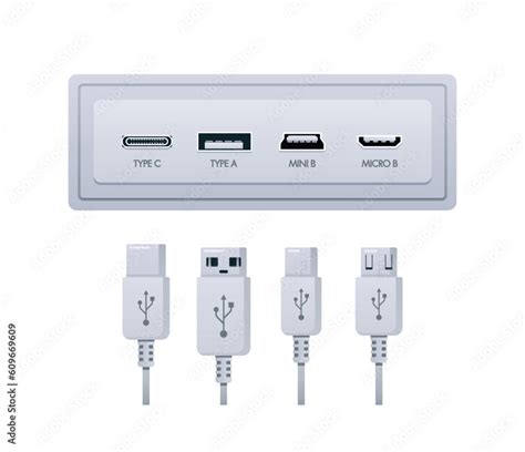 Usb Socket Plug Types Include Type A Type C Mini And Micro B Isolated On White Background