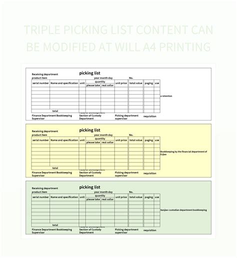 Triple Picking List Content Can Be Modified At Will A Printing Excel Template And Google Sheets