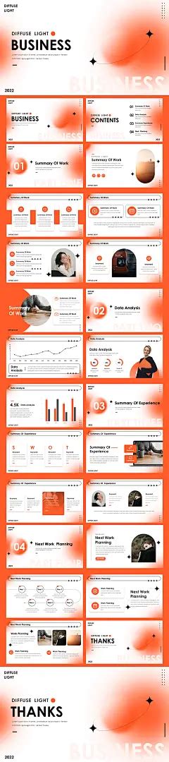 1 【设计亮点】：该模板采用橙色模糊渐变混合，从而形成弥散光感，整体虚实集合的模糊效果，丰富单调乏味的画面，增加画面空间层次感，另外酸性元素更增添画面的细节，让平淡无奇的排版瞬间活了起来。整体