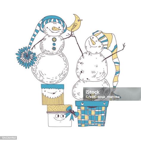 귀여운 눈사람 두 명이 선물 상자에 서 있습니다 크리스마스 일러스트레이션 벡터 문자입니다 휴일 초대장 엽서 커버 디자인 템플릿