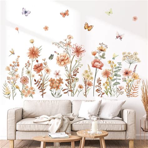 Decalmile Wandtattoo Blumen Boho Wandaufkleber Wildblume Löwenzahn