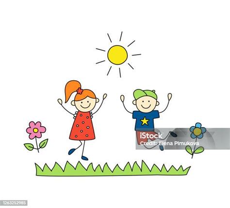 재미있는 아이들은 야외에서 놀수 있습니다 귀여운 낙서 소년과 소녀 점프 개체 그룹에 대한 스톡 벡터 아트 및 기타 이미지 개체 그룹 귀여운 꽃 식물 Istock