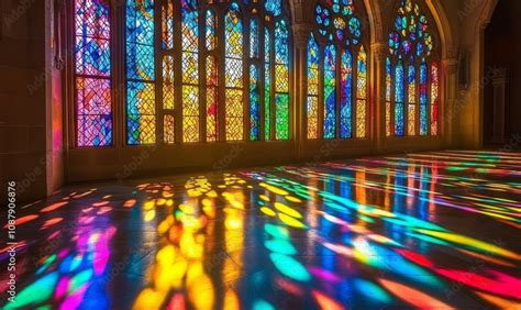 A Striking Image Displaying Colorful Stained Glass Windows Casting Soft Reflections On The Floor