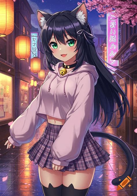 An Anime Cat Girl With Black Hair Green Eyes Cat Ears And Tail