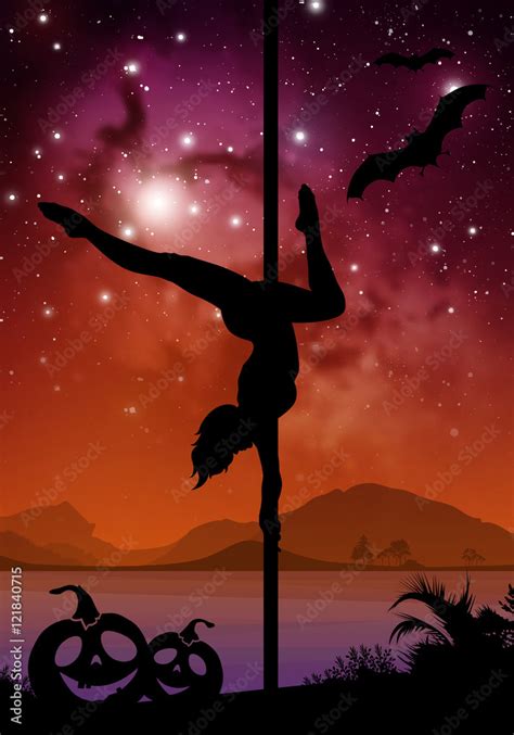Black Vector Halloween Style Silhouette Of Female Pole Dancer