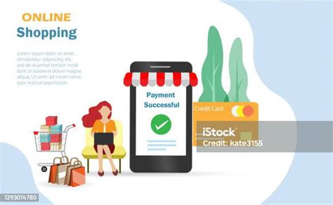 젊은 여성은 신용 카드로 모바일 응용 프로그램에서 온라인 쇼핑을 즐길 수 있습니다 쇼핑 카트와 쇼핑백을 제쳐두고 가방에 대한 스톡 벡터 아트 및 기타 이미지 Istock