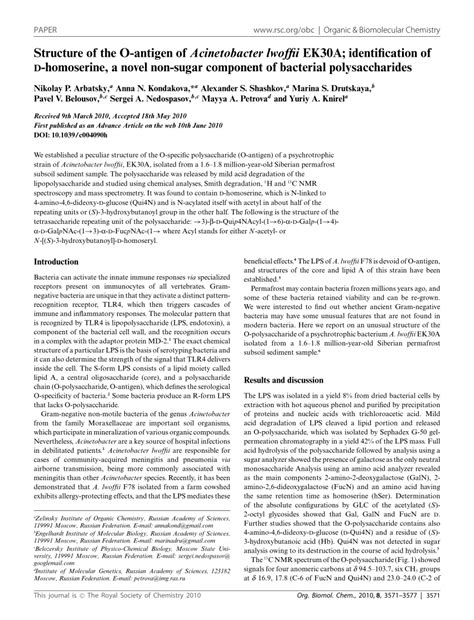 Pdf Structure Of The O Antigen Of Acinetobacter Lwoffii Ek30a