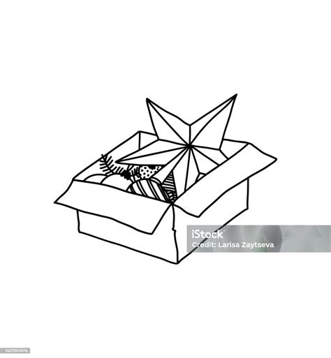 크리스마스 장난감이있는 상자 크리스마스 트리 장식의 낙서 벡터 일러스트 레이 션 열린 오래된 상자 안에 장식을위한 손으로 그린 장난감 별은 오래된 패키지에 저장되고