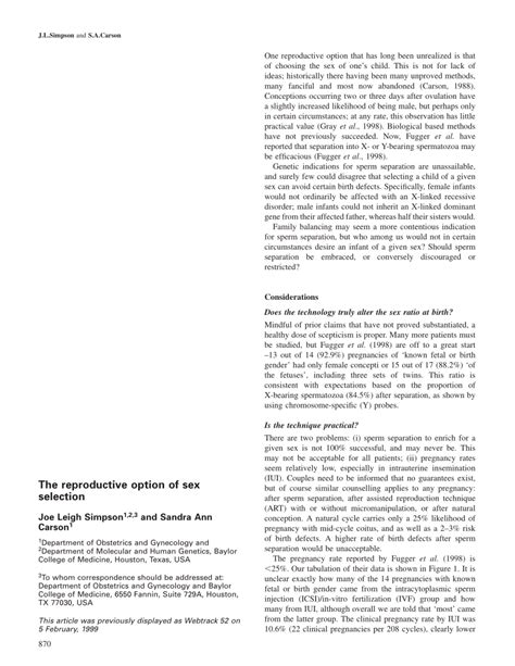 Pdf The Reproductive Option Of Sex Selection