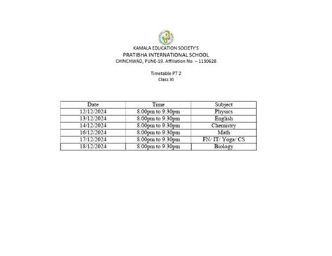 Class Xi Exam Timetable Pdf